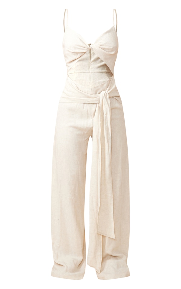 Stone Linen Look Twist Bust Drape Strappy Jumpsuit | Dresses | PLT