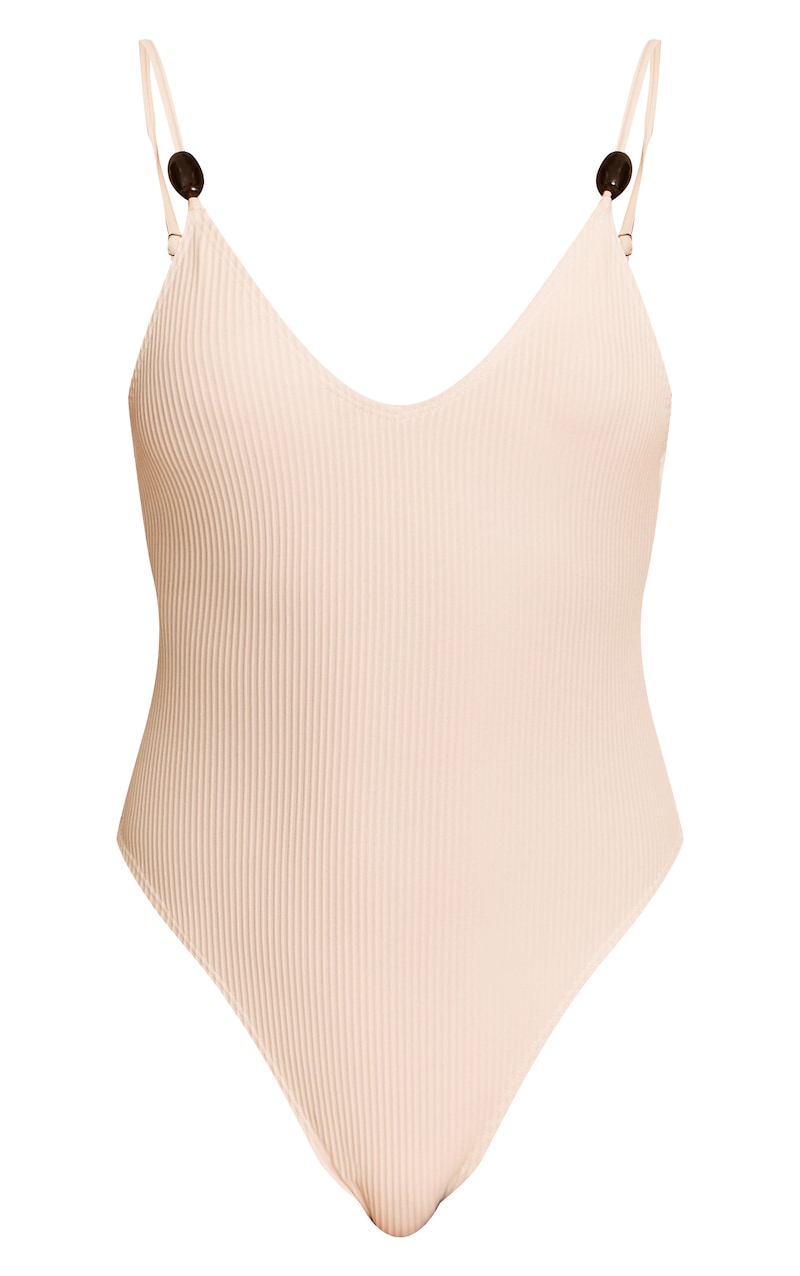 Ivory Ribbed Bead Trim Scoop Backless Swimsuit | Swimwear | PLT