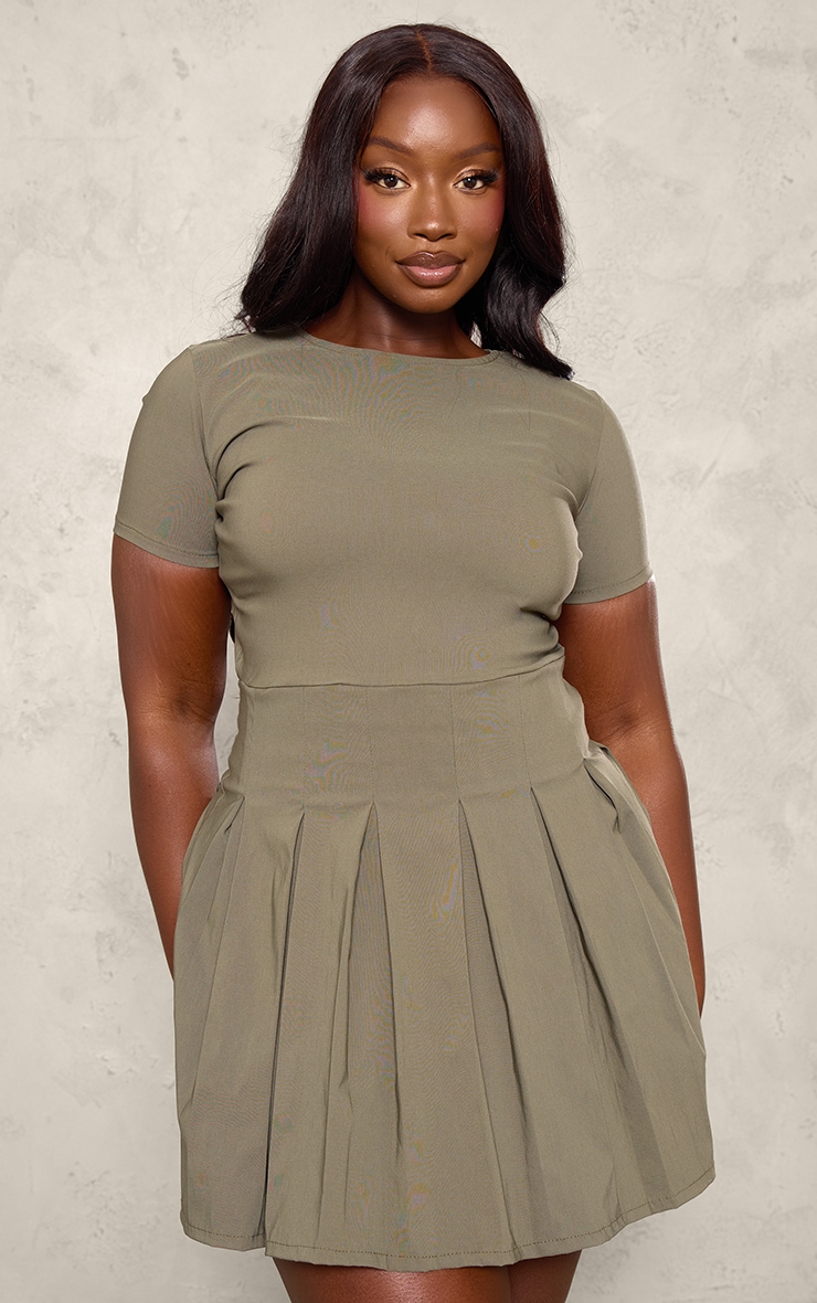 Plus Khaki Pleat Hem Detail Tailored Mini Dress | Plus Size ...