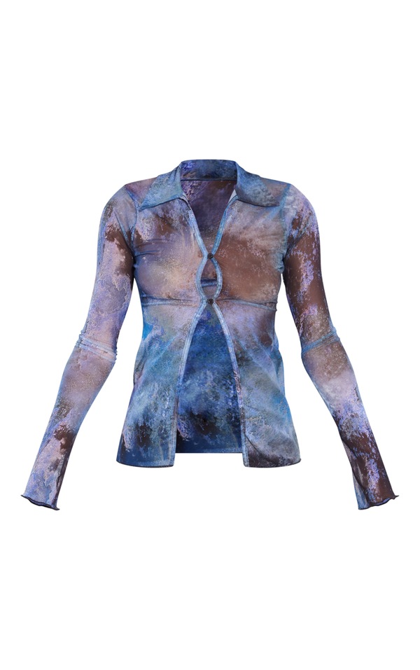 Blue Printed Mesh Button Longline Shirt | Tops | PrettyLittleThing AUS