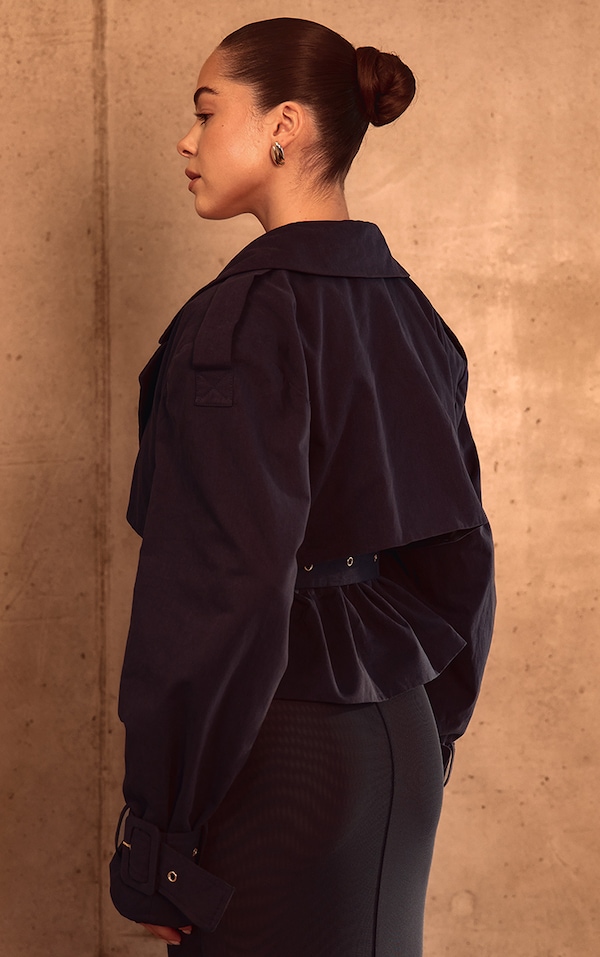 PLT Label Navy Belt Detail Cropped Trench Coat | Outerwear ...