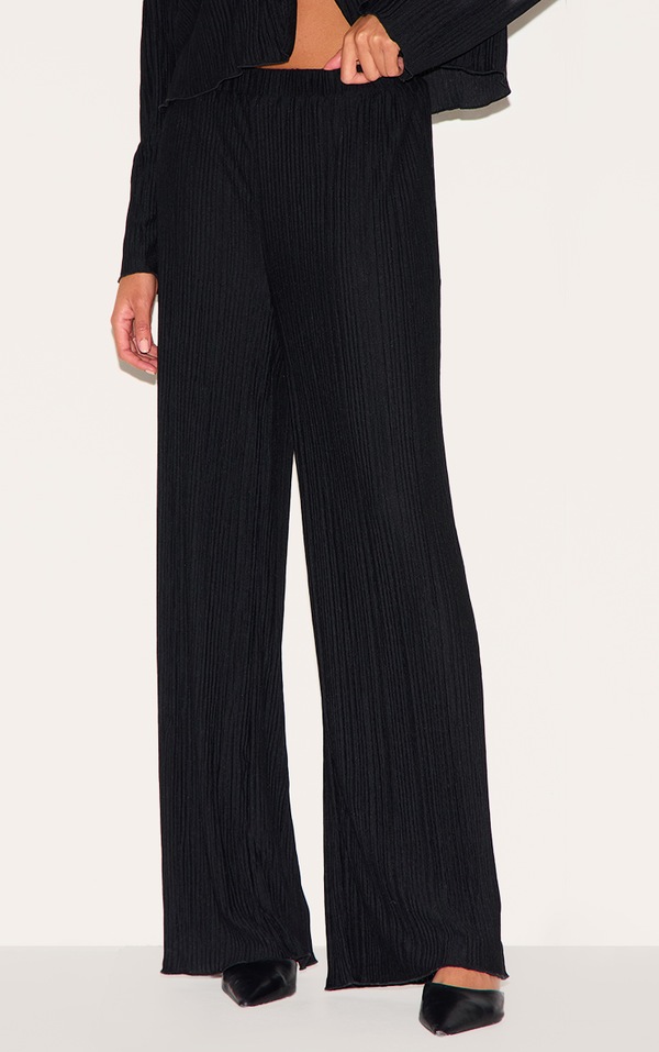 Black Textured Pleated Wide Leg Pants | Co-ords | PLT USA