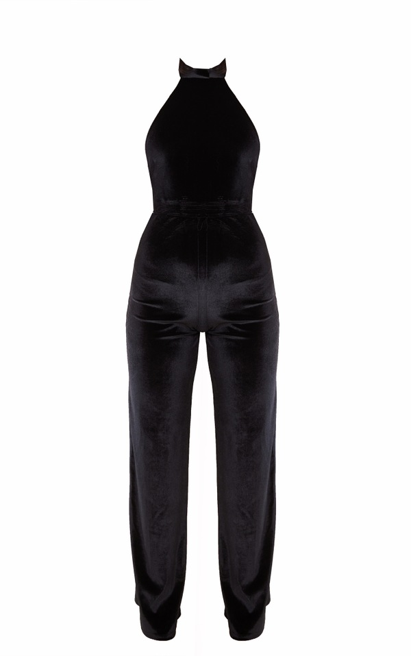 Black High Neck Diamante Back Velvet Jumpsuit Prettylittlething