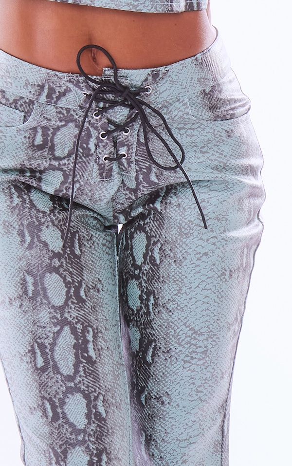 Blue Snake Print Coated Denim Flare Jean | Denim | PLT