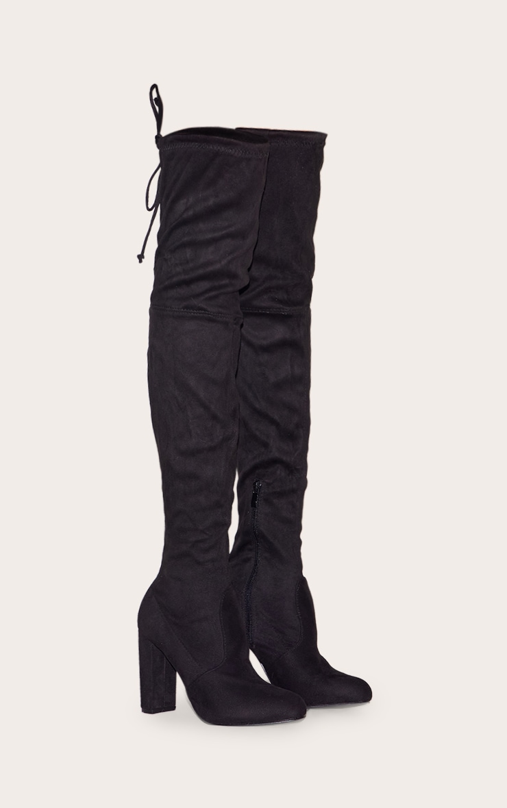 Bess Black Faux Suede Heel Thigh Boots | Footwear | PLT