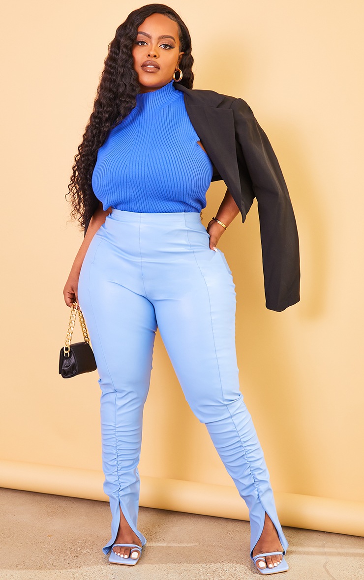 Plus Cobalt Ribbed Knitted High Neck Bodysuit | PrettyLittleThing USA