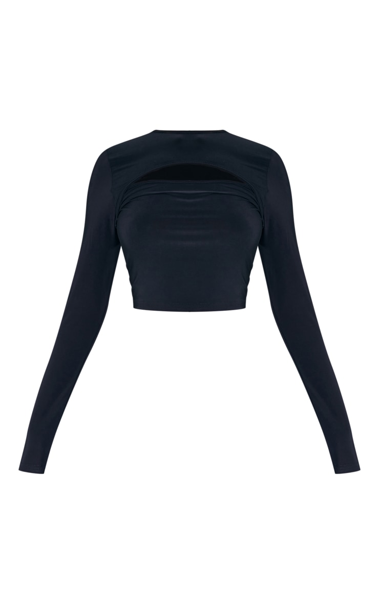 Black Slinky Cut Out Front Long Sleeve Top | PrettyLittleThing