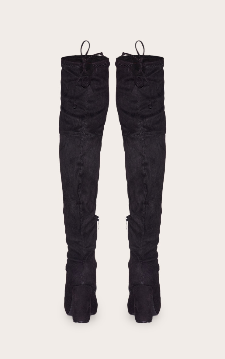 Bess Black Faux Suede Heel Thigh Boots | Footwear | PLT