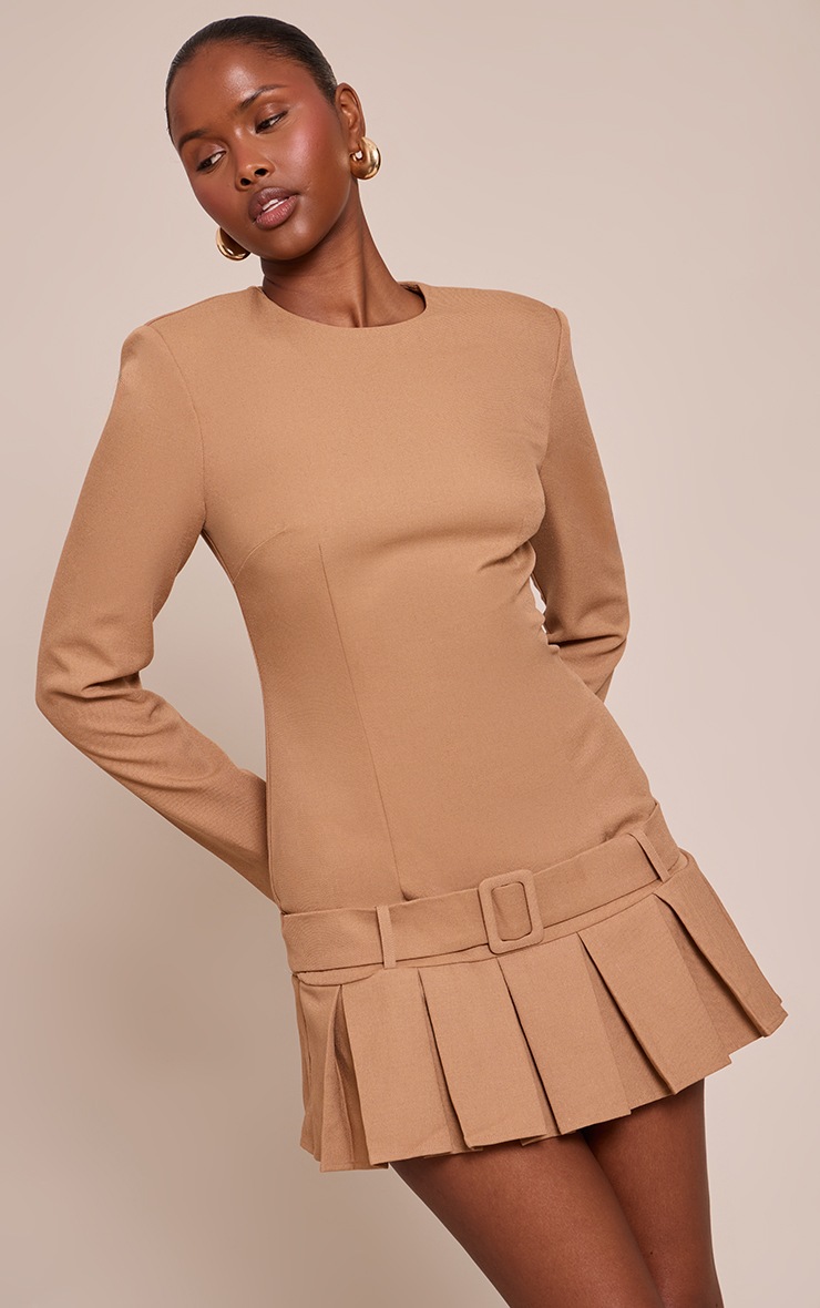 Camel Woven Belt Pleated Mini Shift Dress | Dresses | PrettyLittleThing USA