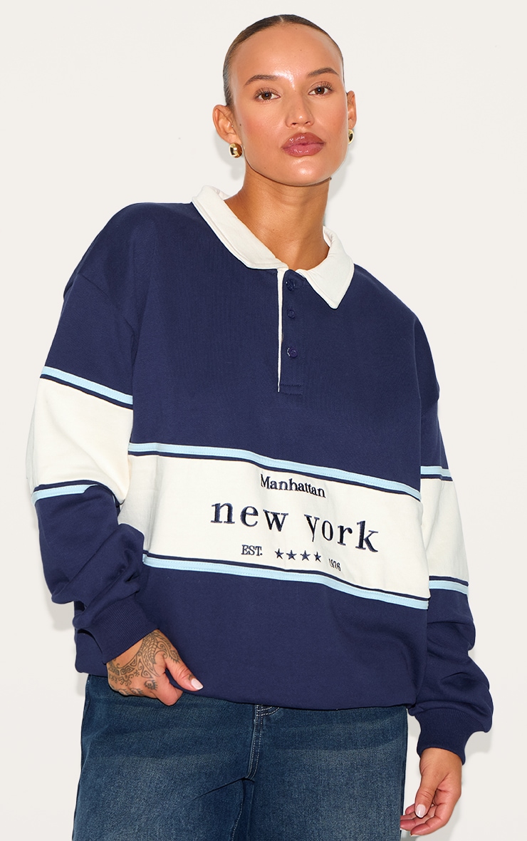 Plus Navy Contrast New York Embroidered Sweatshirt | Plus Size | PLT USA