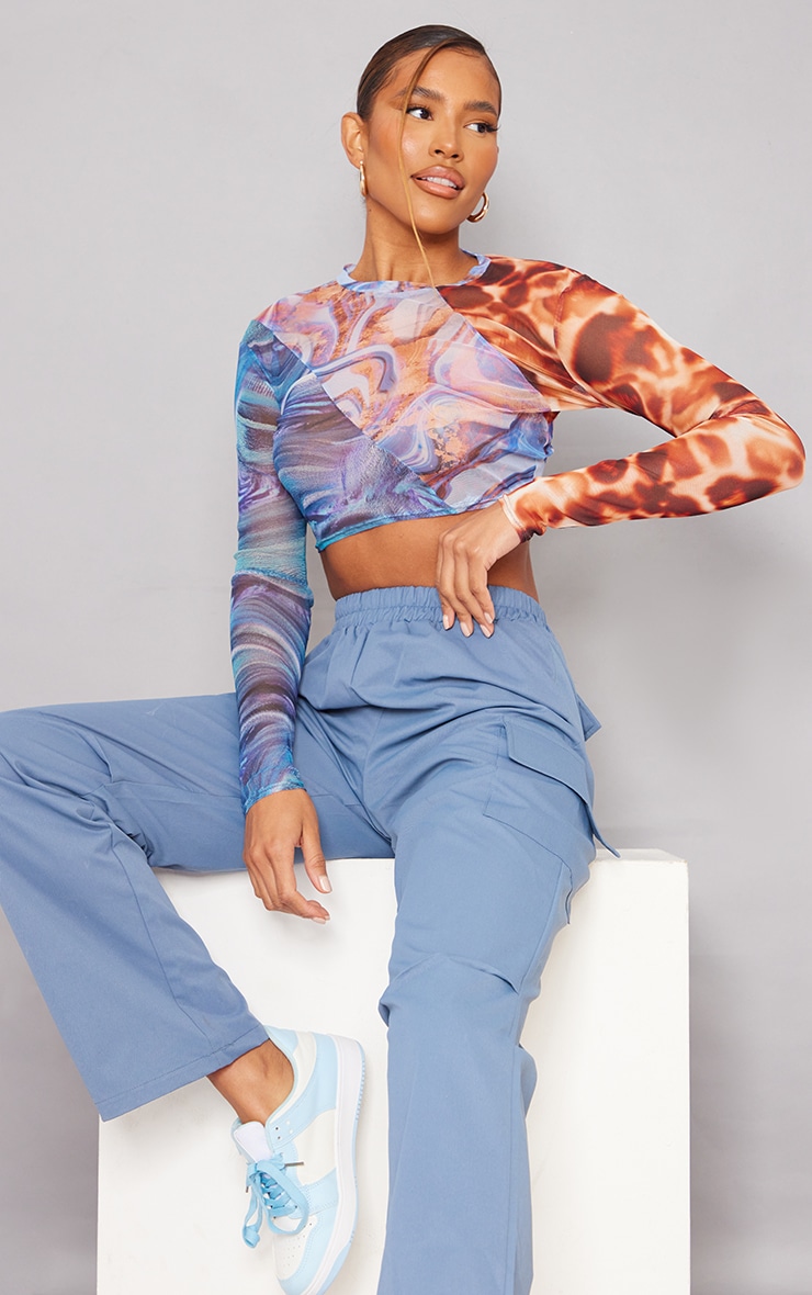 Blue Spliced Printed Mesh Long Sleeve Crop Top | Tops | PLT IRE