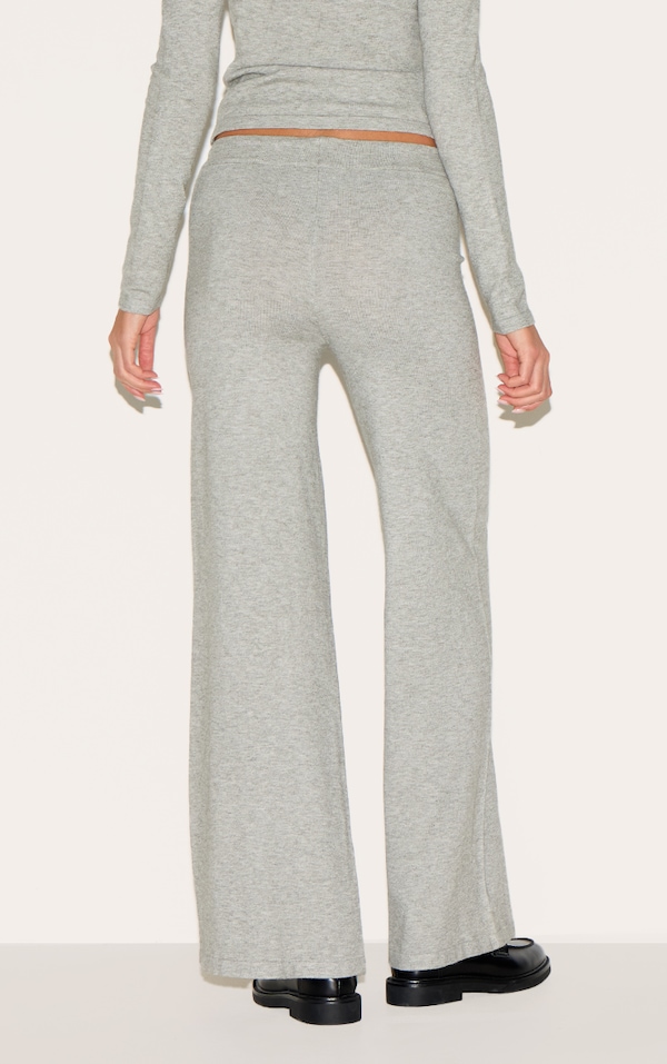 Ash Grey Knit Drawstring Waist Wide Leg Trousers | Knitwear | PLT
