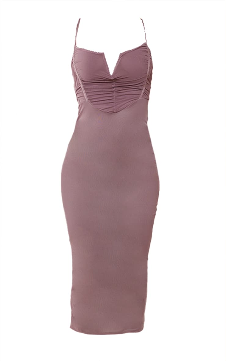 Mauve Ruched Mesh V Bar Strappy Midaxi Dress | PrettyLittleThing USA