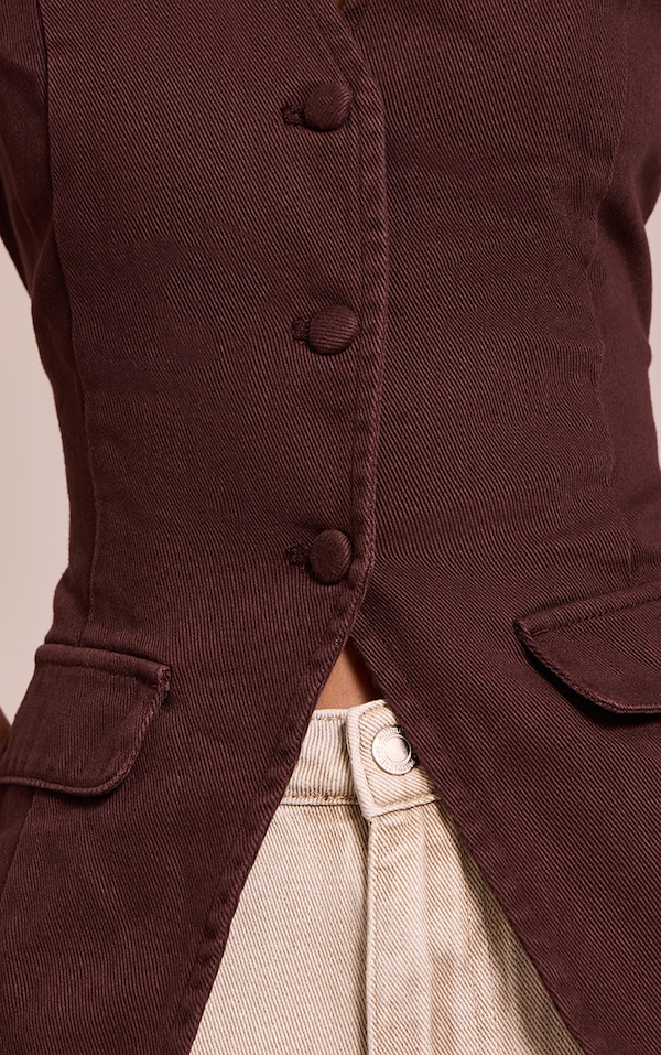 Chocolate Tailored Style Longline Denim Waistcoat | Denim | PLT