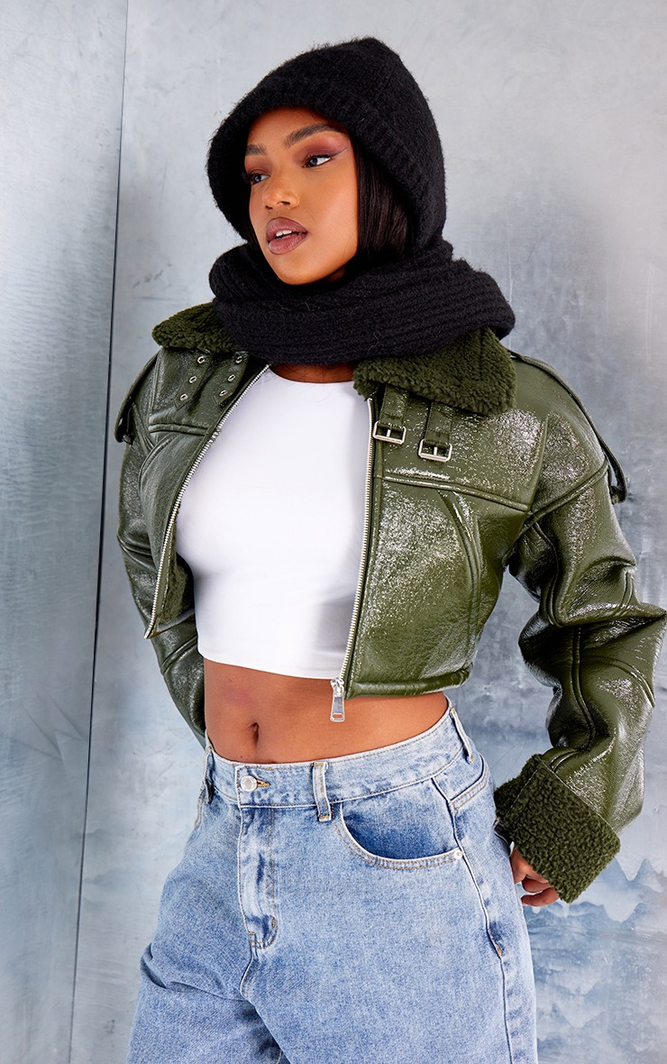 Khaki Borg Lined Vinyl Cropped Jacket | PrettyLittleThing UAE