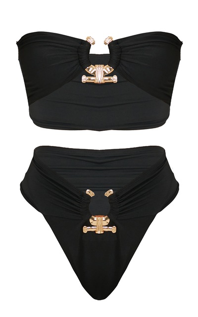 Black Hammered Trim High Waist Bikini Bottoms | Swimwear ...