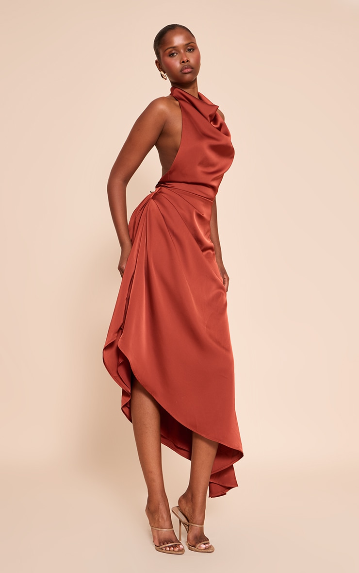 Rust Satin Cowl Neck Asymmetric Shift Dress | Dresses ...