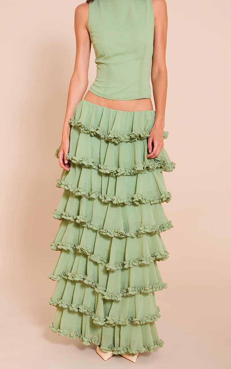 Sage Chiffon Tiered Frill Maxi Skirt | Co-ords | PLT