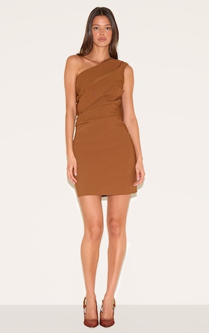 Chestnut Woven Drape Shoulder Mini Dress | Dresses | PLT