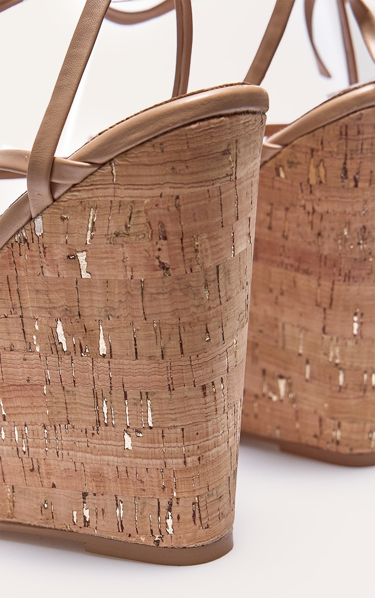 Nude Pu Strappy Lace Up High Heel Cork Wedges | Footwear | PLT