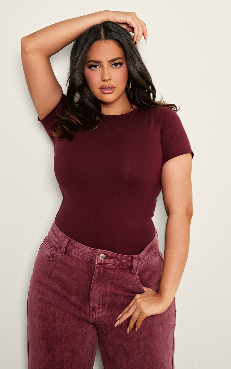 Plus Burgundy Cotton Cap Sleeve Fitted Bodysuit | Plus Size ...