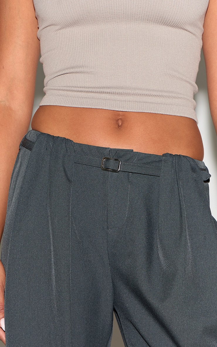 Slate Grey Woven Pleated Belt Wide Leg Trousers | Bottoms | PLT