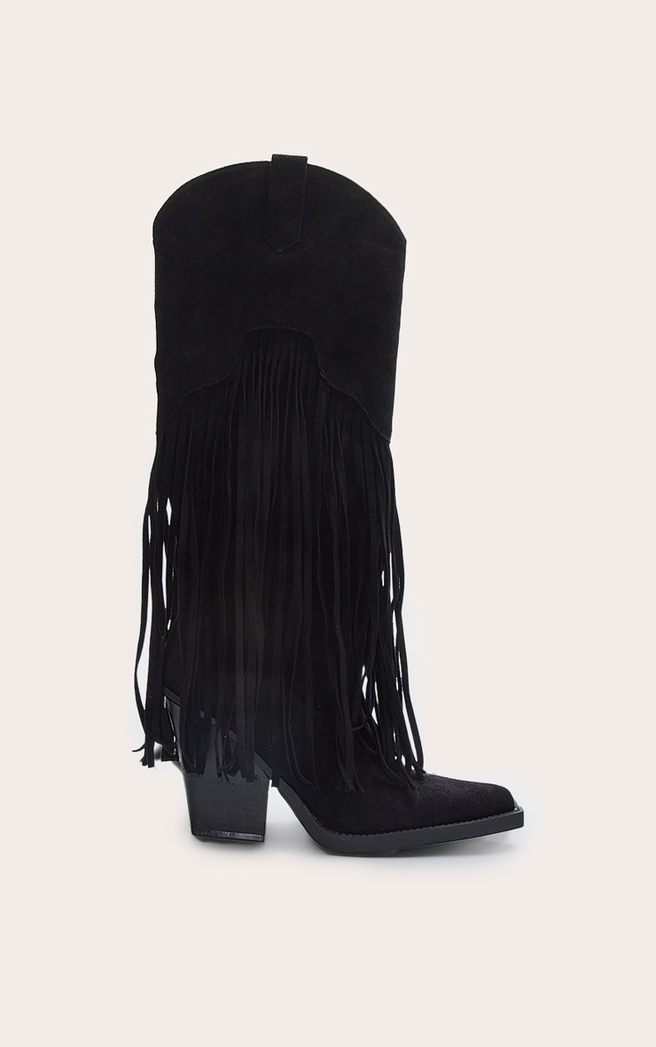 Black Fringed Heel Knee High Western Boots | Footwear | PLT AUS