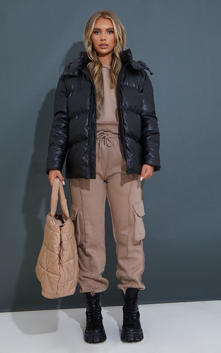 Black Faux Leather Padded Hooded Puffer | Outerwear | PLT