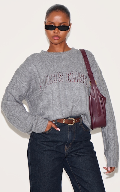 Grey Soft Cable Knit Embroidered Jumper | Knitwear | PrettyLittleThing AUS