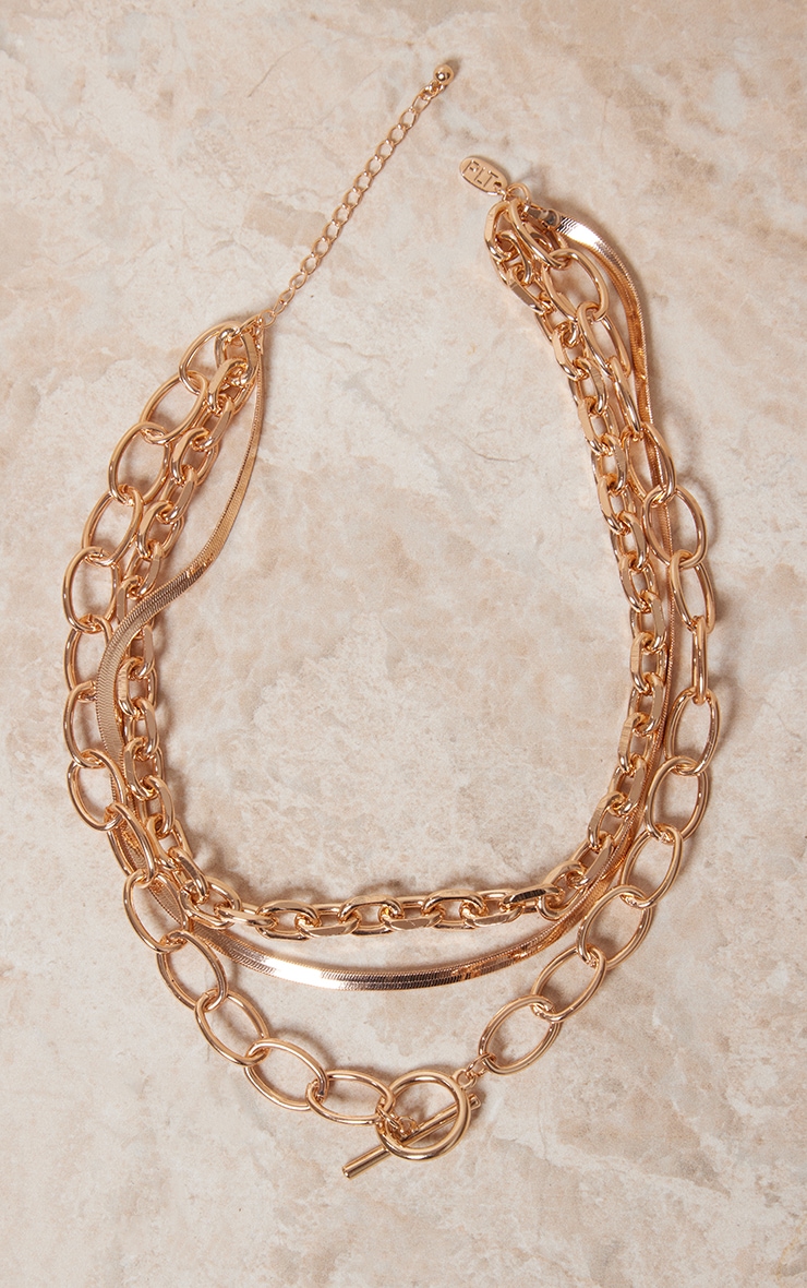 Gold Textured T Bar Chunky Layered Necklace | PrettyLittleThing USA