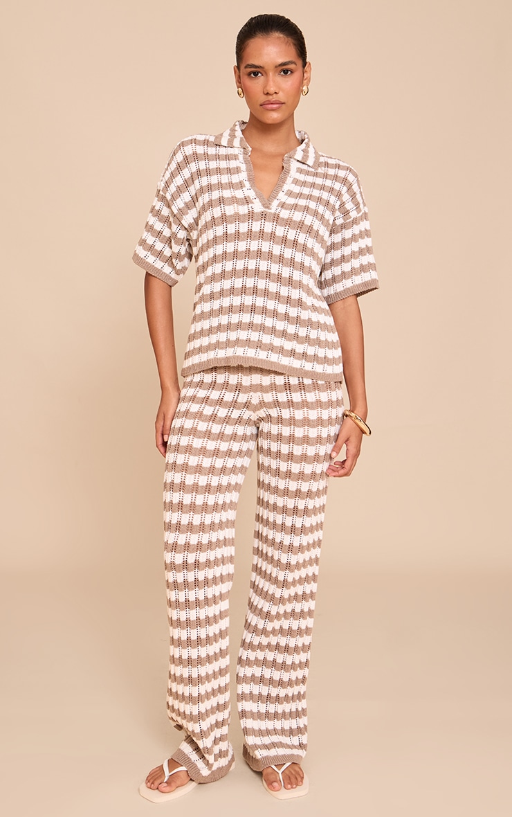 Mocha Crochet Stripe Knit Pant | Knitwear | PrettyLittleThing USA