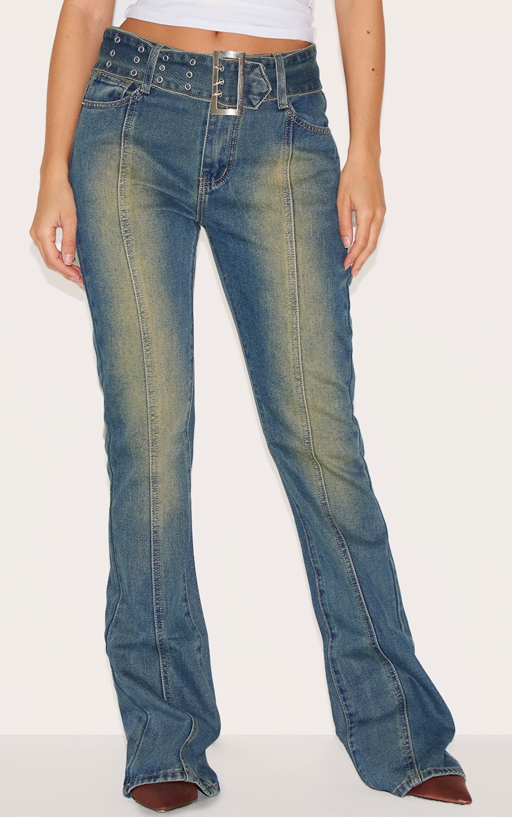 Indigo Vintage Wash Belted Seam Front Flare Jeans | Denim | PLT