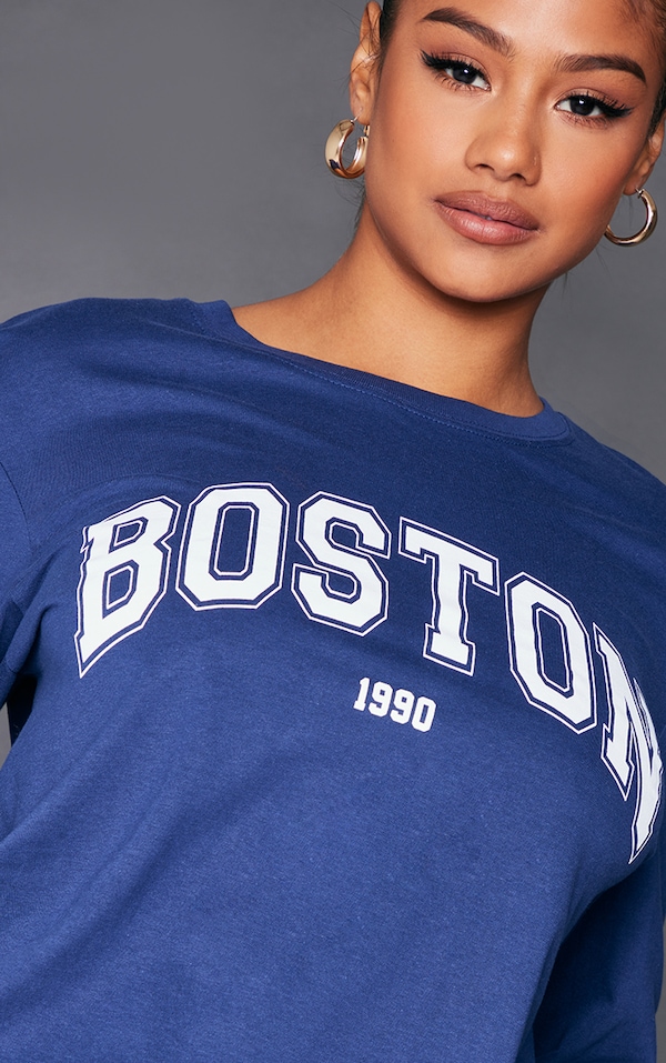 Navy Boston 1990 Printed Long Sleeve T Shirt | Tops | PLT