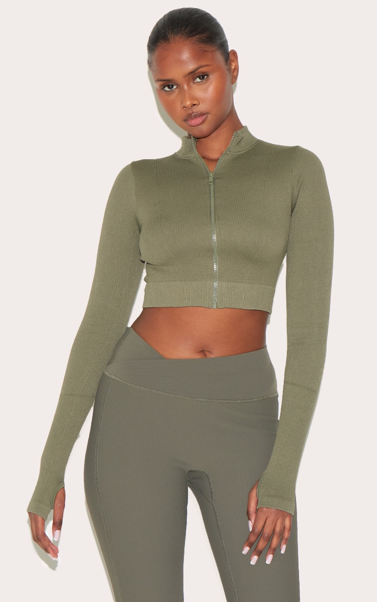 Olive Seamless Seam Detail Cropped Sports Jacket | Activewear ...