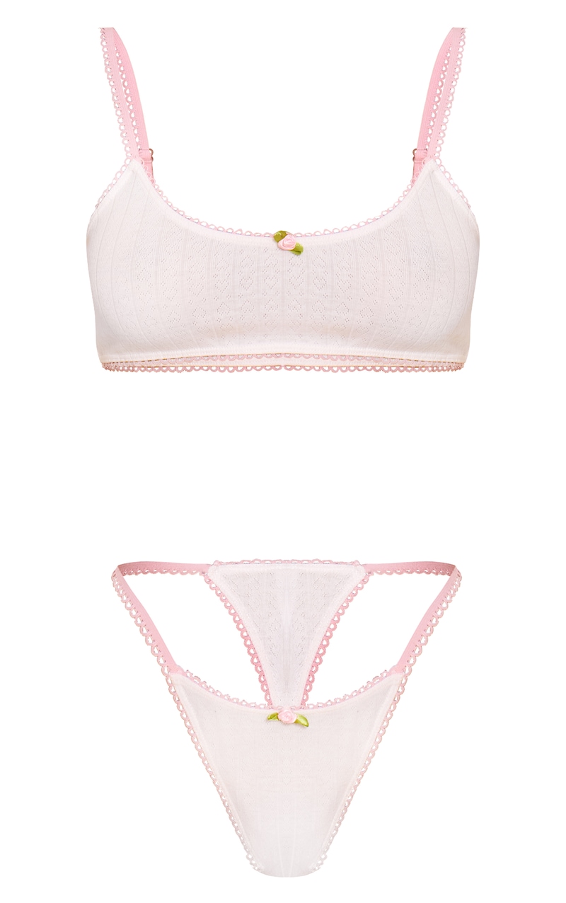 White Contrast Pointelle Bralette Thong Set | Lingerie & Nightwear | PLT USA