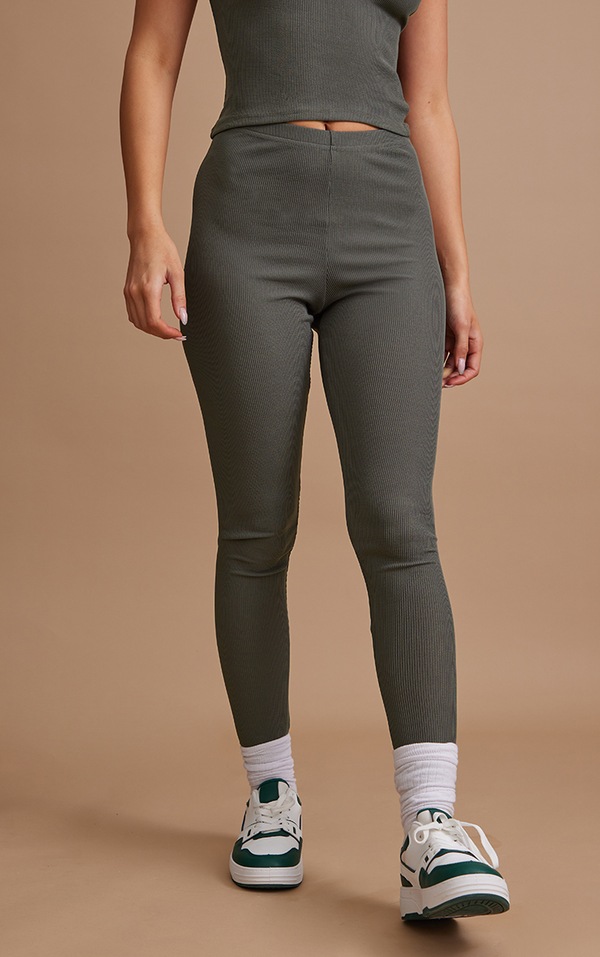 Khaki Micro Rib Leggings | Two Piece Sets | PrettyLittleThing AUS