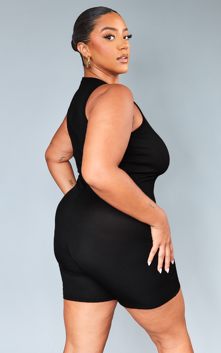 Plus Black Racer Neck Rib Romper | PrettyLittleThing CA