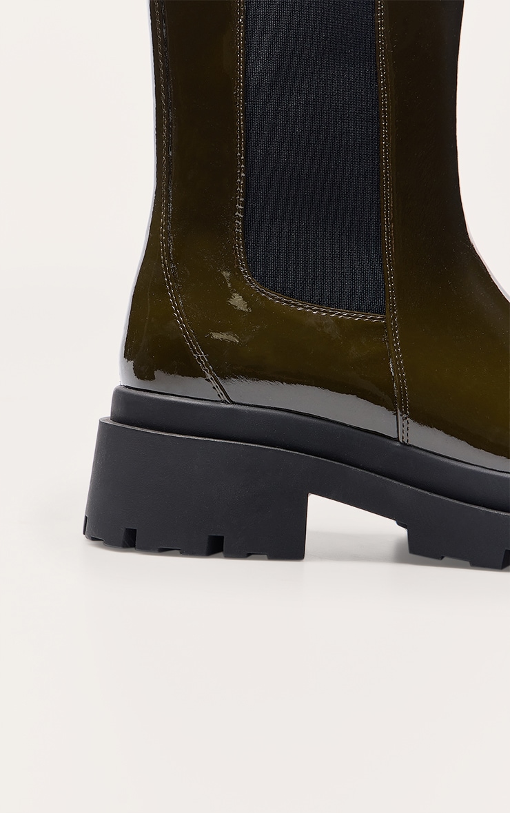 Khaki Patent Chunky Sole Chelsea Boots | Footwear | PrettyLittleThing CA