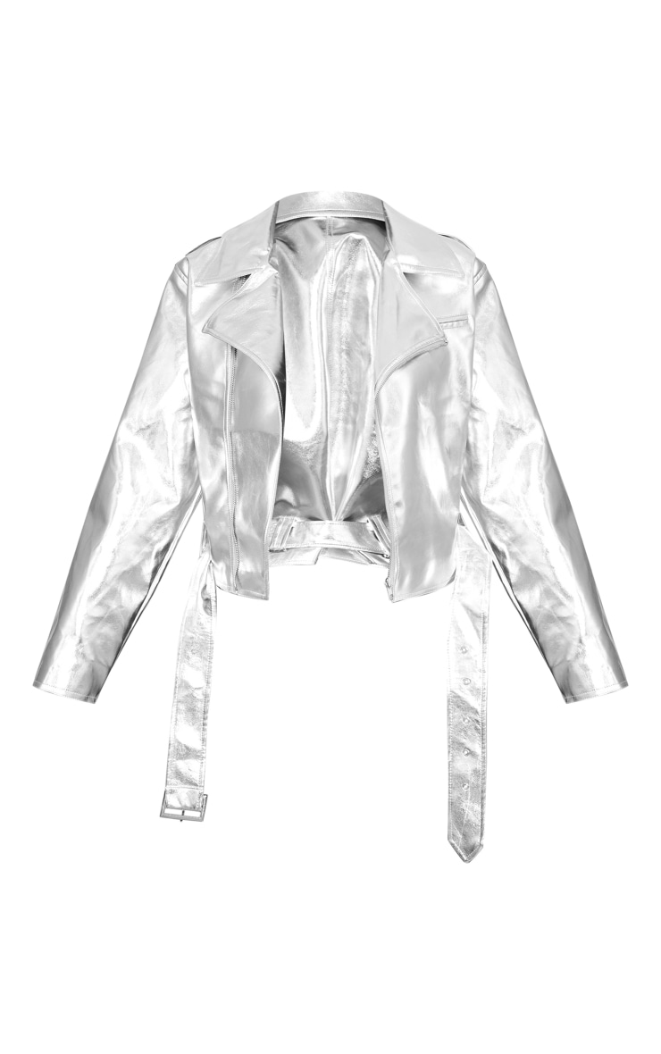 Silver Metallic Biker Jacket | PrettyLittleThing UAE