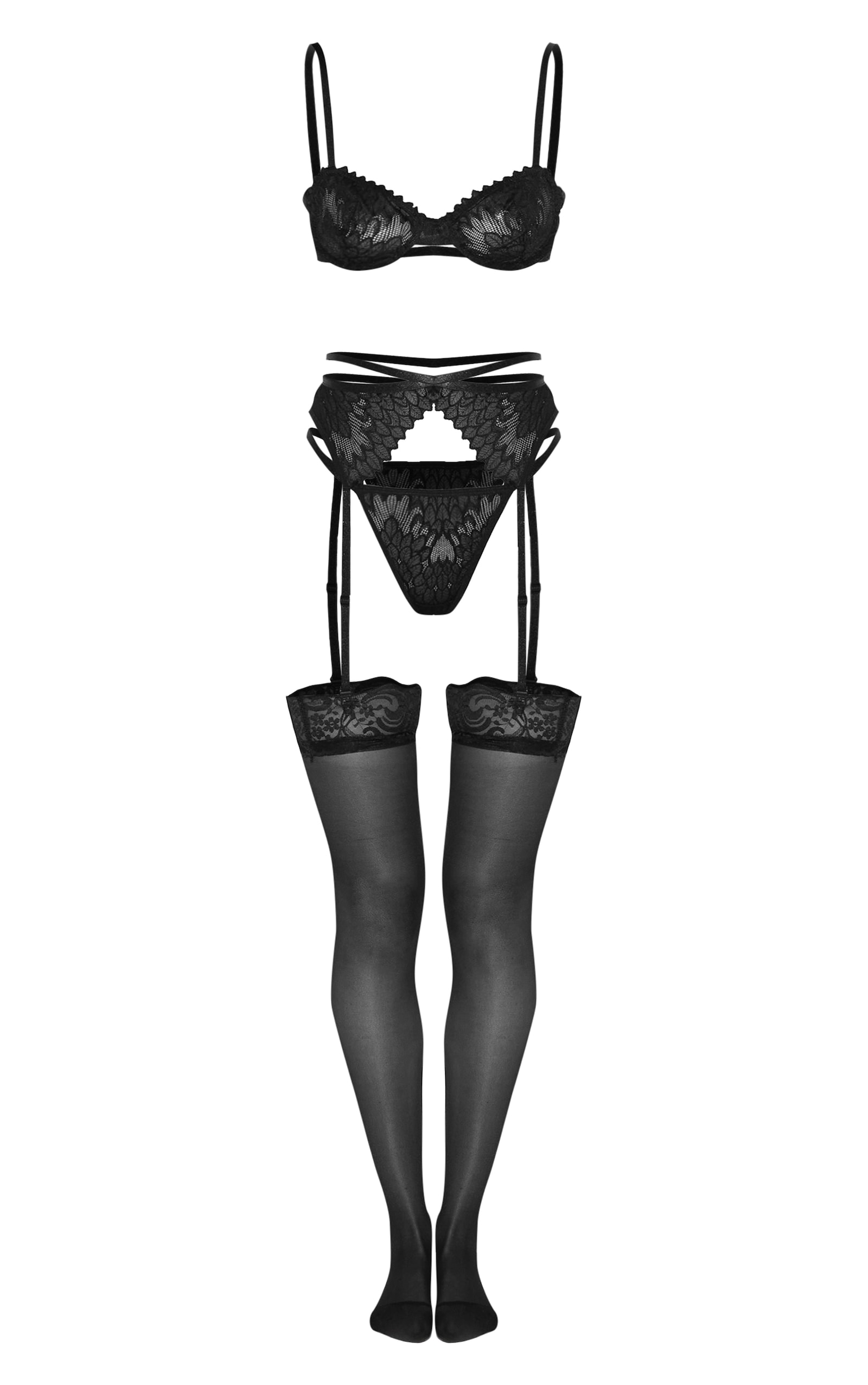 Black Scalloped Edge Underwired 3 Piece Lingerie Set | Lingerie ...