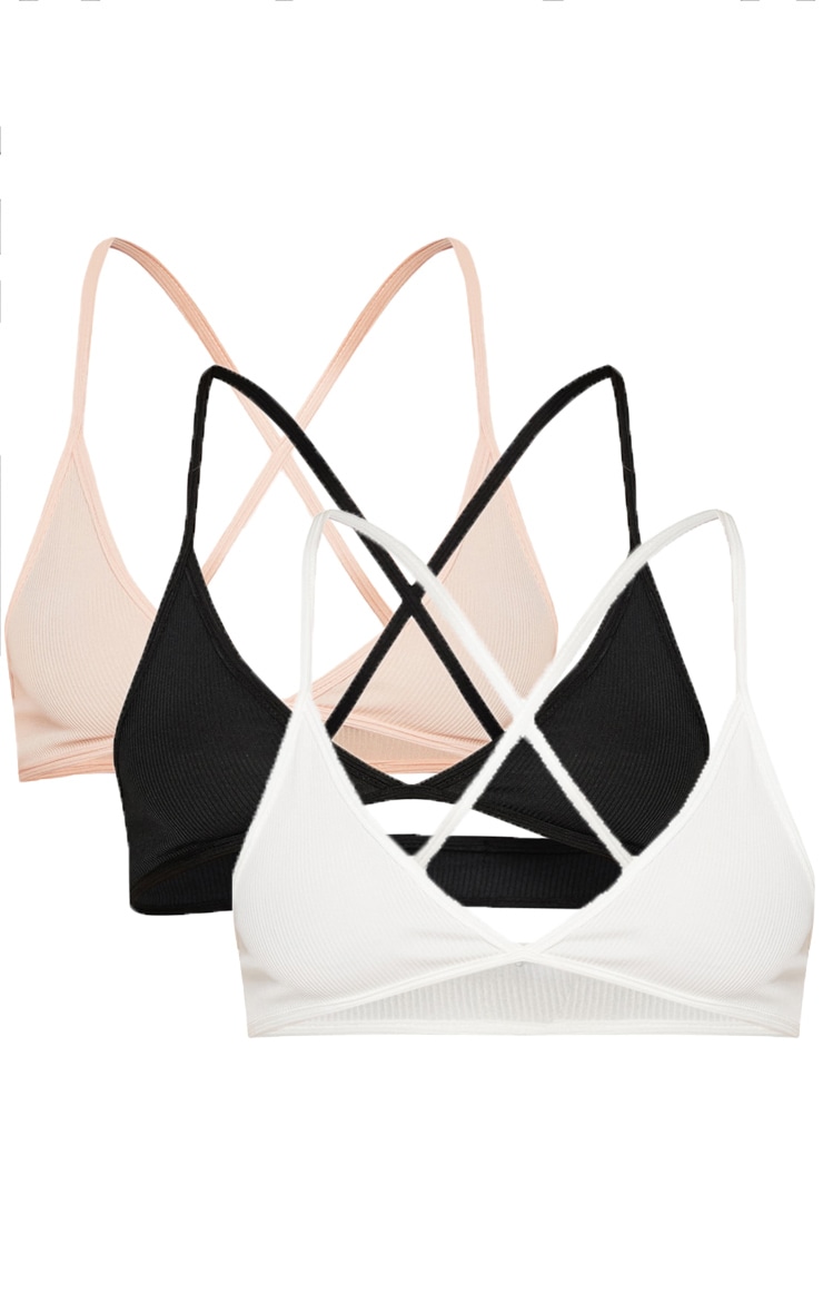 White, Black & Nude 3 Pack Ribbed Bra | PrettyLittleThing AUS