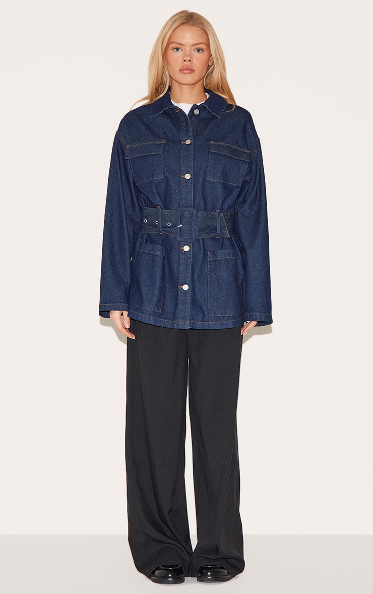 Indigo Oversized Belted Denim Jacket | Denim | PLT