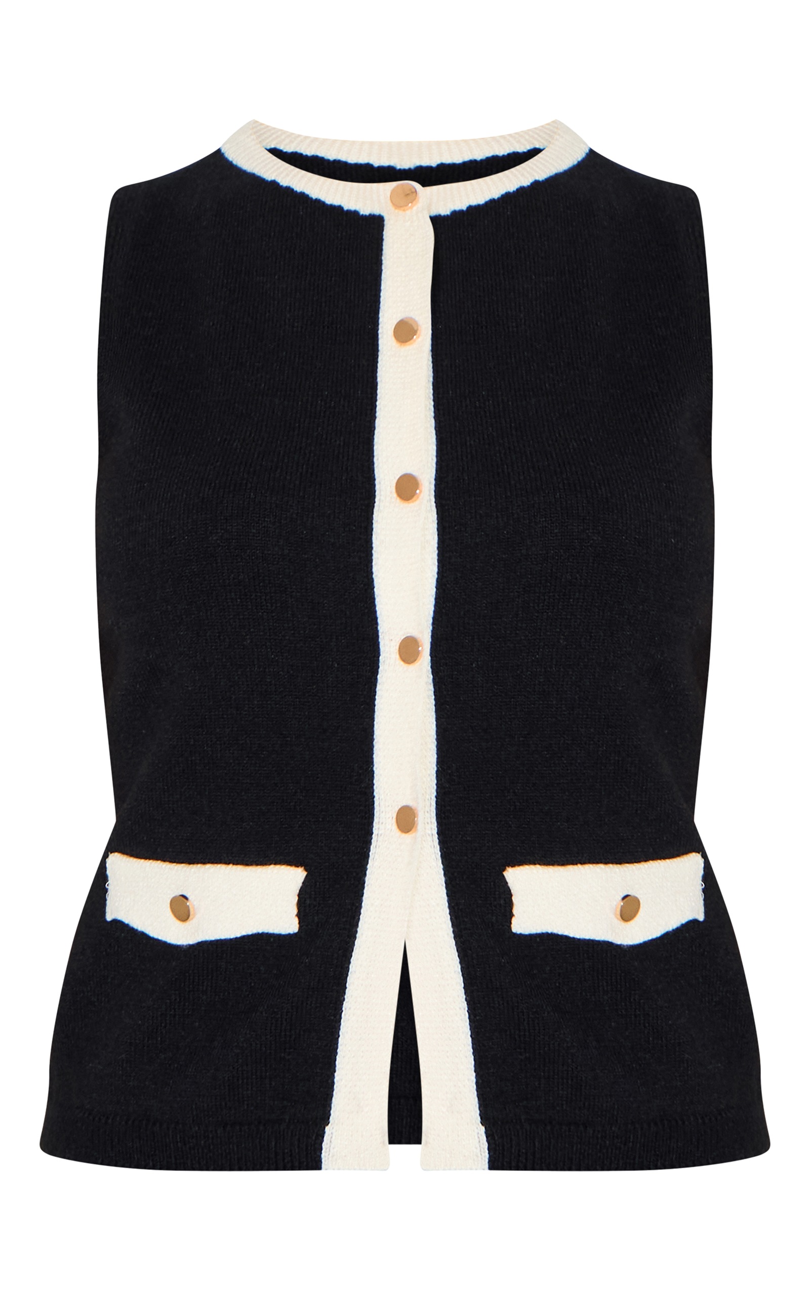 Petite Black Knitted Contrast Long Button Top | Petite | PLT