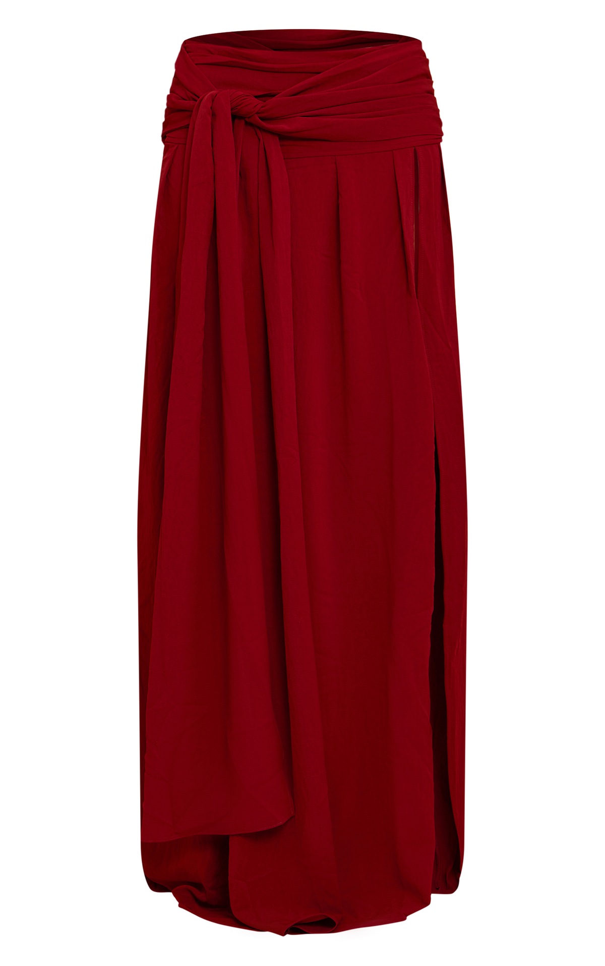Deep Red Floaty Woven Knot Front Maxi Skirt | Bottoms | PLT