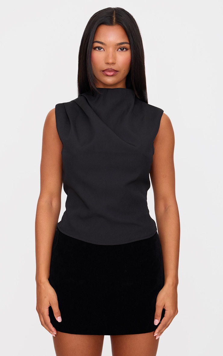 Black Woven Ruched High Neck Top | Tops | PrettyLittleThing AUS