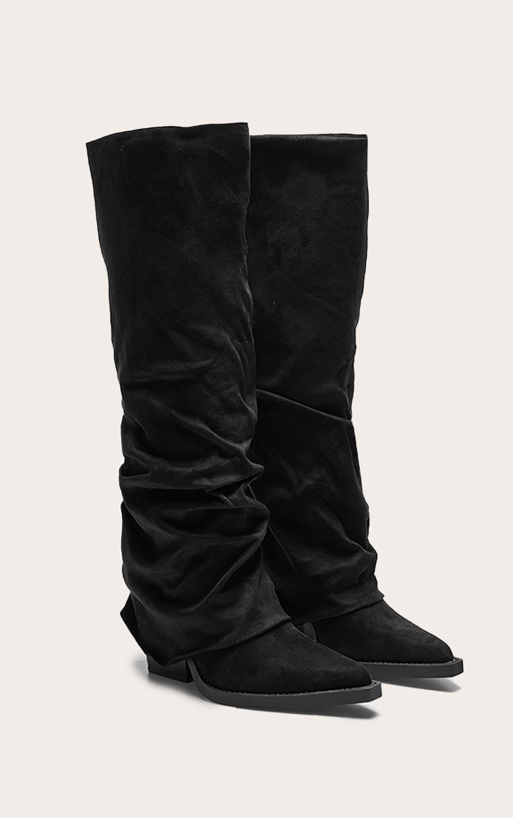 Black Fold Over Block Heel Knee High Boots | Footwear | PLT