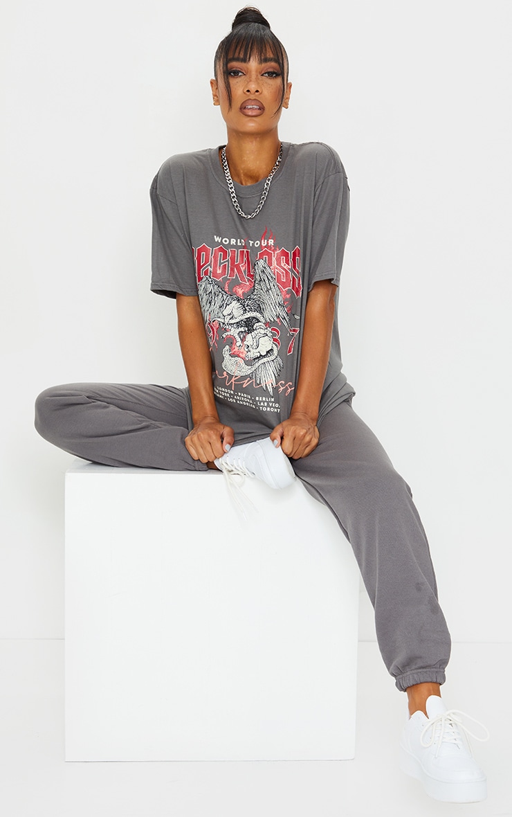 Grey World Tour Reckless Printed T Shirt | Tops | PrettyLittleThing USA