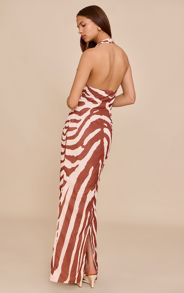 Tan Zebra Abstract Chiffon Cowl Neck Maxi Dress | Dresses | PLT