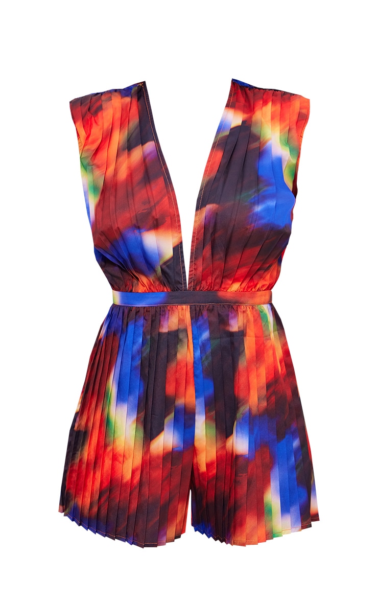 Multi Print Pleated Shoulder Pad Plunge Romper | PrettyLittleThing USA