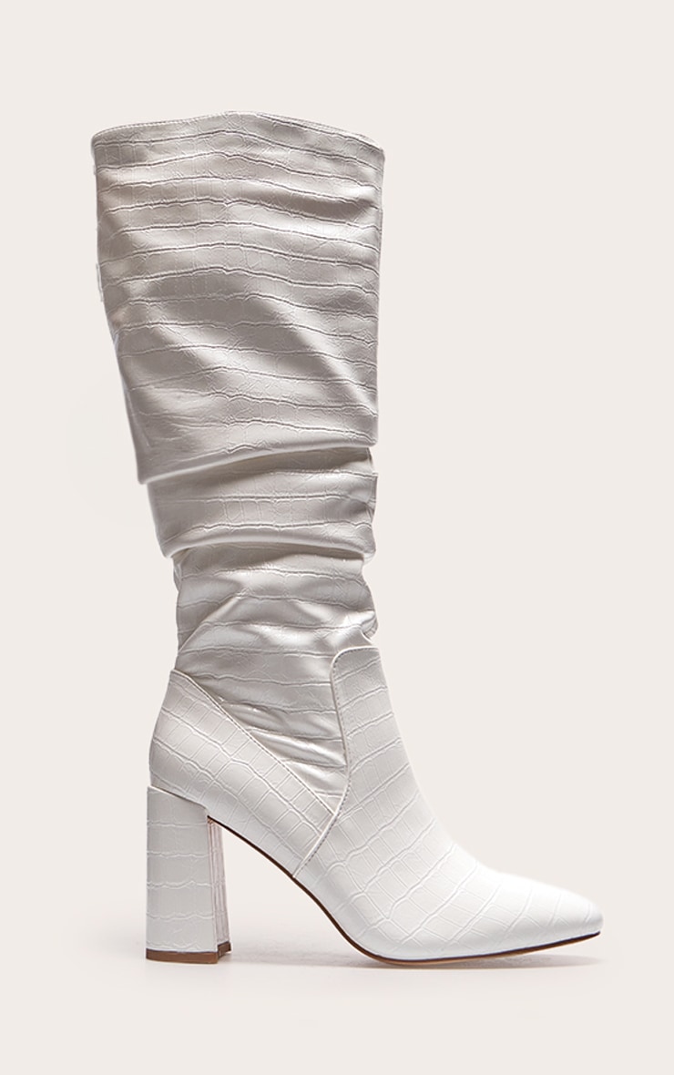 White Croc Round Toe Knee High Block Heeled Boots | Footwear | PLT
